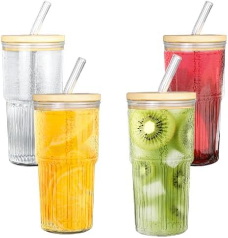Amazon.com | DoceMora Ribbed Glass cups with Bamboo Lids and Glass ...