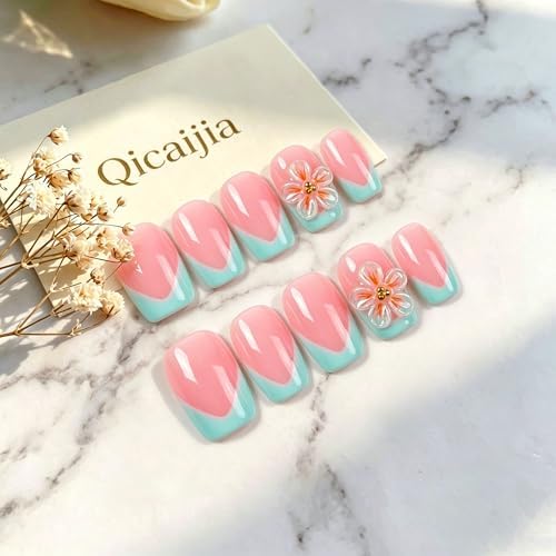 Amazon.com: Qicaijia Short Square Press on Nails Handmade Fake Nails ...