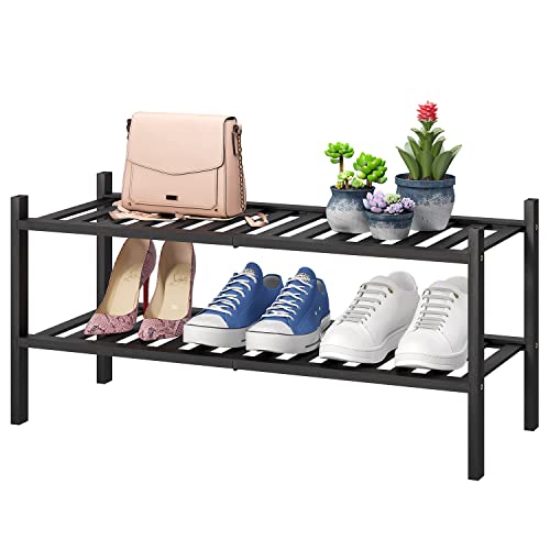 Snapklik.com : 2-Tier Black Bamboo Shoe Rack For Entryway, Stackable ...