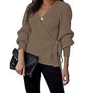 KIRUNDO 2023 Women's Fall Winter Wrap V Neck Sweater Balloon Sleeves ...
