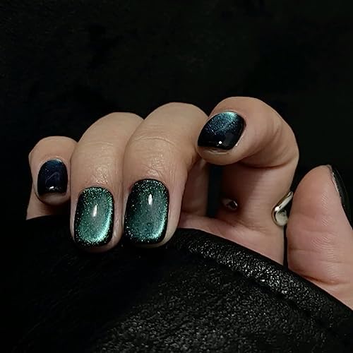 Amazon.com: Square Press on Nails Short Fake Nails Blue False Nails with Green Starry Sky Design ...