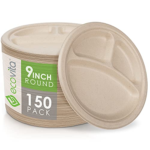 Amazon.com: 100% Compostable Paper Plates [9 in.] Compartments – 150 ...