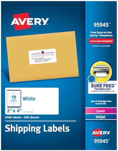 Amazon.com: Avery Printable Blank Shipping Labels, 2.5" x 4", White ...