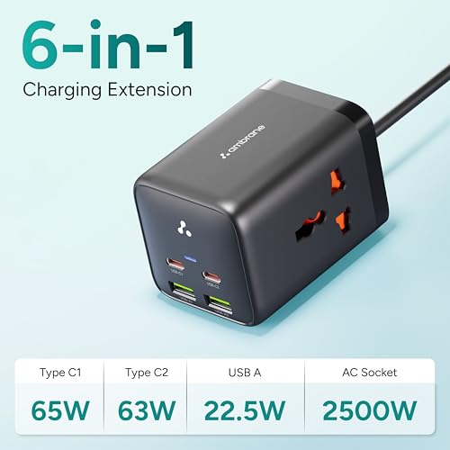 Ambrane 6-in-1 Power Hub Charger 65W Fast Charging, 6 Ports - 2 Type-C ...
