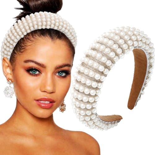Amazon.com : Bouory White Pearl Headbands Glitter Rhinestone Hairbands ...