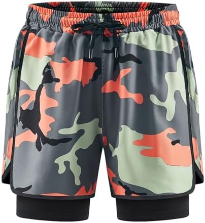 2-in-1 Training Shorts, Camouflage with Orange Gray, Quick Dry Athletic ...