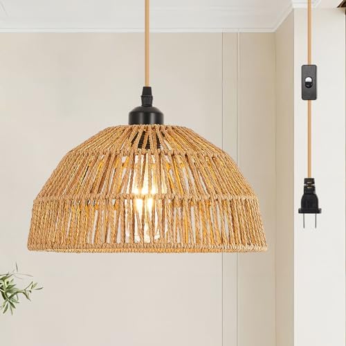 JAGORI Rattan Hanging Lamp,14.7ft Cord Plug in Pendant Light with Boho ...
