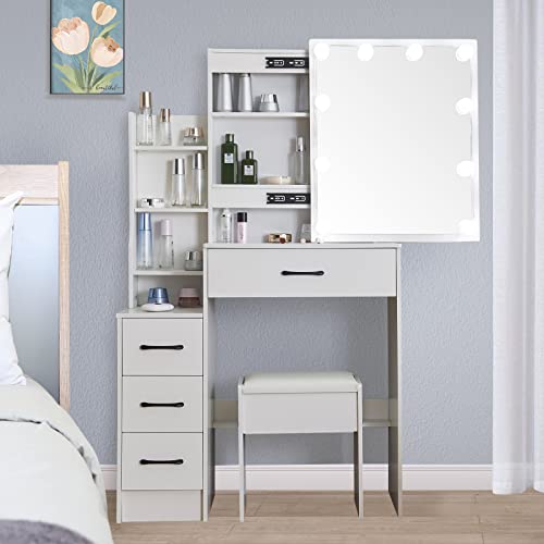 Caulitar Vanity Desk with Mirror and Lights, White Vanity with USB ...
