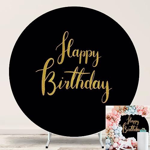 Amazon.com : Jditngp Gold Happy Birthday Black Round Backdrop Cover 7 ...