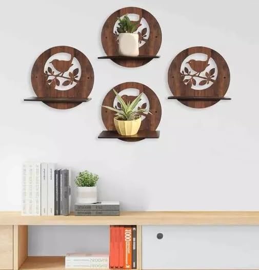 Right Corner Round Wooden Wall Shelf Set with Bird Cutouts, Set of 4 ...