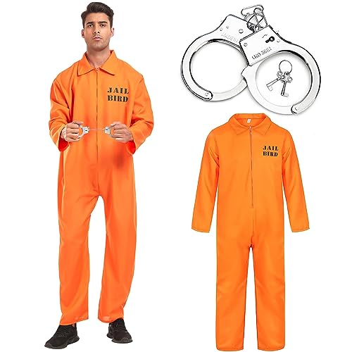 Prisoner Costume Men Adult with Handcuffs Orange Jumpsuit Prison ...