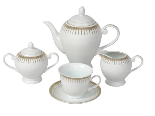 57-Piece Porcelain Dinnerware Set for 8, Gold with Rain Drop Border ...