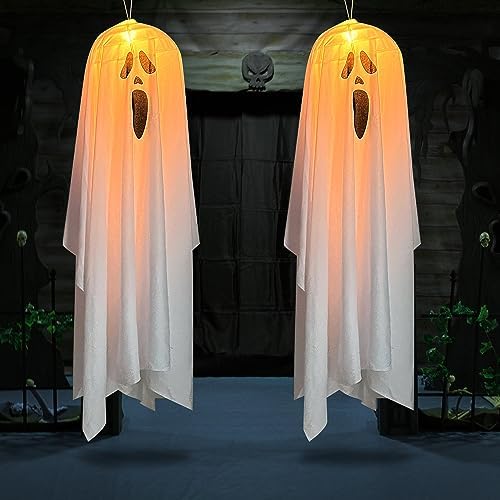 VICTERR Halloween Ghost Decorations, 2PCS Halloween Hanging Light up Ghost, Large Size Halloween ...
