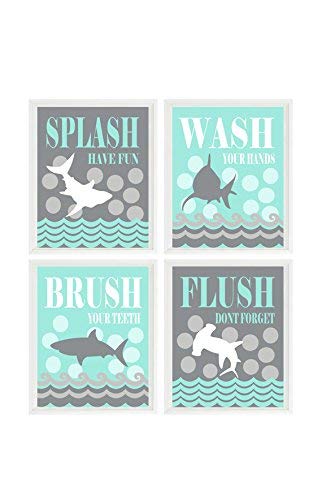 Amazon.com: Shark Bathroom Wall Art, Kids Bathroom, Wash, Flush, Brush ...