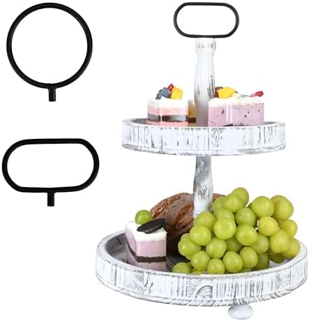 Amazon.com | Vintage Wood Two Tiered Tray with Round Metal Handle，Easy ...