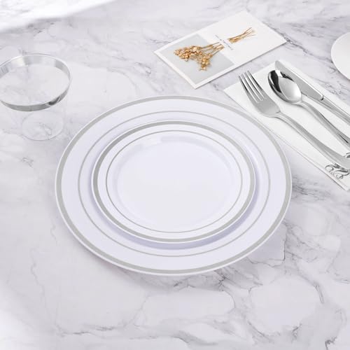 100pcs Silver Disposable Party & Wedding Plates, Dinner & Dessert Sets