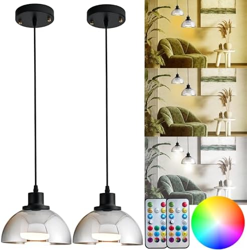 Battery Operated Pendant Light with Remote,Battery Hanging Light Rattan ...