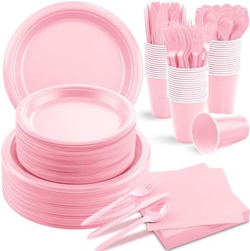 Amazon.com: MirthMood 350pcs Pink Party Supplies Set, Disposable Plates ...