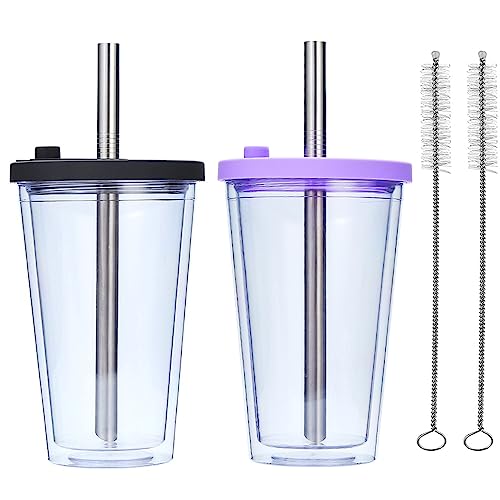 2 Pack Reusable Boba Tea Cups, 17oz Leakproof Clear Plastic Tumbler ...