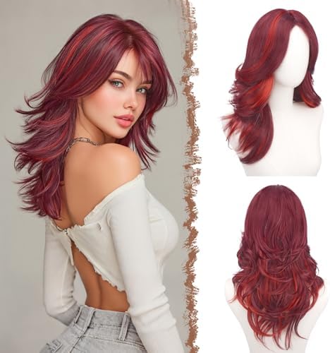 Amazon.com : FESHFEN Wavy Layered Wig with Curtain Bangs for Women, 20 ...