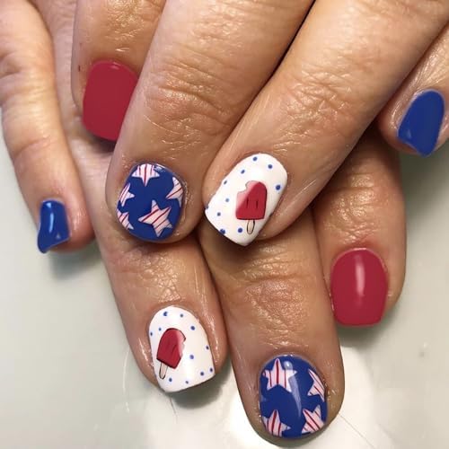 Amazon.com: 24Pcs 4th of July Press on Nails short rounded Fake Nails ...