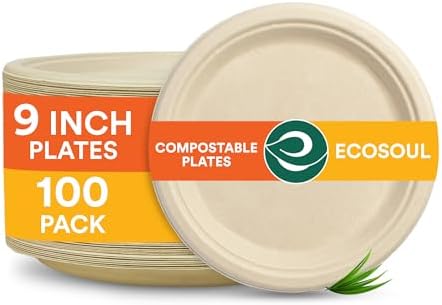 ECO SOUL [9 inch, 100 Pack Disposable Bagasse Plates | Eco-Friendly ...