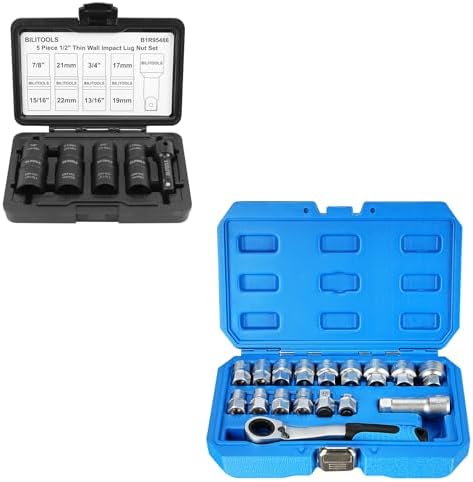 BILITOOLS Lug Nut Impact Socket Set& 17-Piece Pass Through Socket Set, 3/8" & 1/2" Drive Pass ...