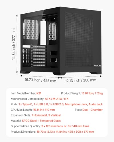 VEVOR Mid-Tower PC Case, Dual Chamber, Gaming Computer Case with ...