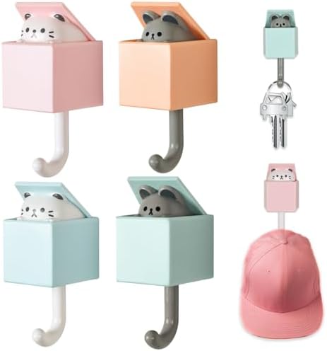 Amazon.com: Juome Cute Cat Key Hook, 4Pcs Adhesive Coat Hooks Key ...