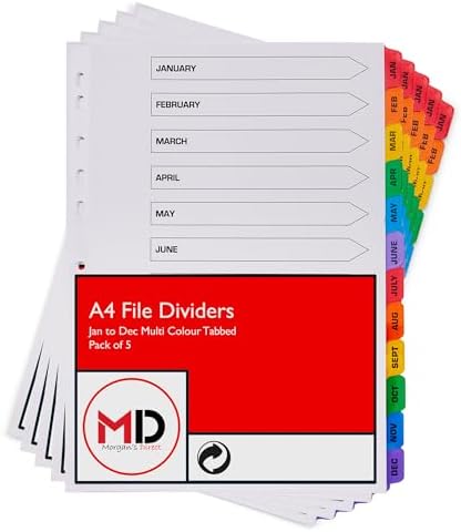 A4 Jan-Dec File Dividers with Coloured Monthly Index Tabs - Multi Hole ...
