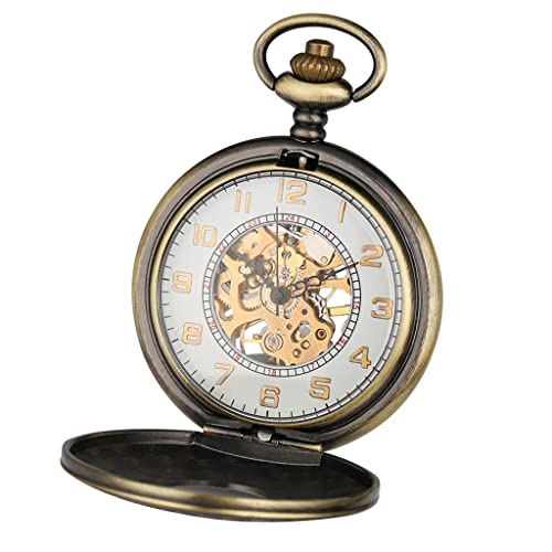 XDCHLK Numerals Carved Manual Mechanical Pocket Watch Bronze Fob Chain ...