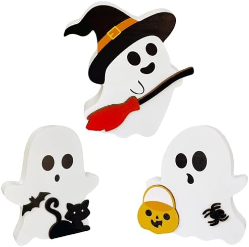 Amazon.com : 4PCS Halloween Ghost Wooden Signs, Cute Halloween ...