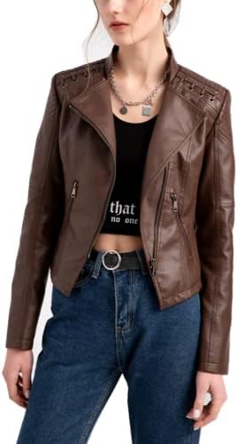 Women's Faux Leather Quilted Shoulder Zip Up Motorcycle Jackets Moto ...
