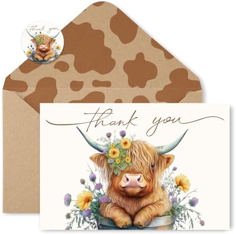Amazon.com : Whaline 24 Pack Highland Cow Thank You Cards Cow Print ...