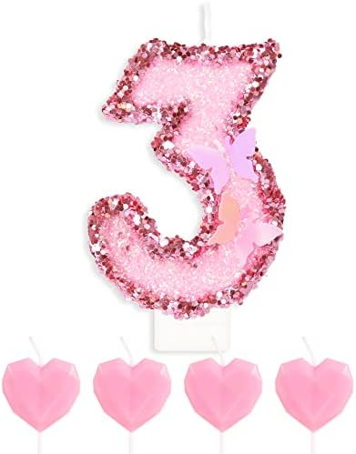 Amazon.com: Birthday Candles, Number 3 Candle with 4Pcs Heart Candles ...
