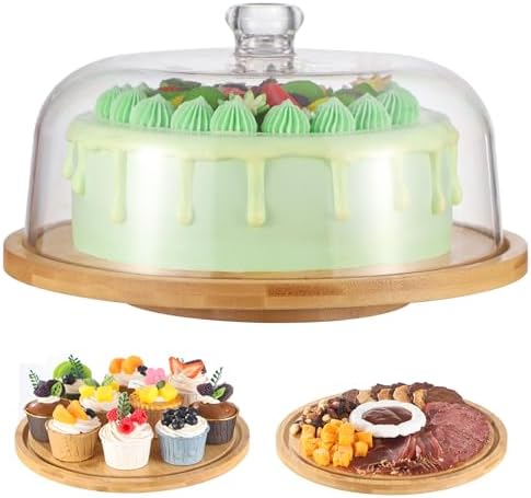 Amazon.com: 6 in 1 Large Bamboo Wood Cake Stand with Lid - Multiuse ...