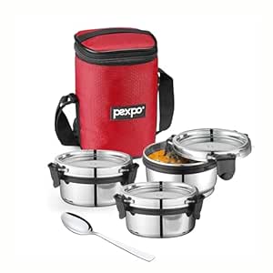Buy PEXPO Stainless Steel Lunch Box with 3 Air-Tight Containers(350ml earch), 1 Spoon & Bag, Red ...