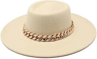 Cream Round Wide Brim Chain Fedora at Amazon Women’s Clothing store