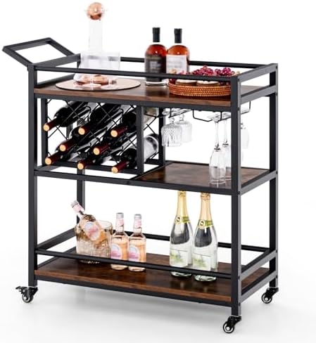COSTWAY Servierwagen mit Rollen, 3-stöckiger Küchenwagen mit Weinregal ...