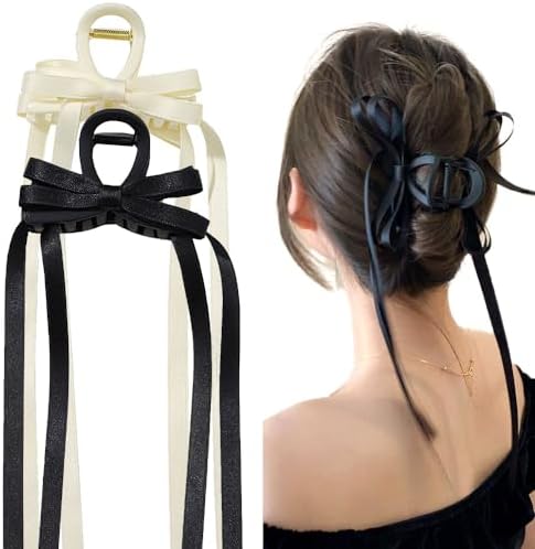 Amazon.com: 2PCS Bow Claw Clip with Long Tail, Tassel Ribbon Bow Hair ...