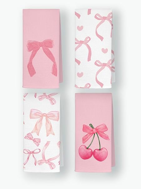Amazon.com: QODUNG Pink Bowknot Cherry Kitchen Towels,Pink Preppy Decor ...