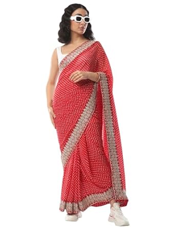AKHILAM Women's Georgette Bandhani Zari Embroidered Saree With Unstitched Blouse Piece(Red ...