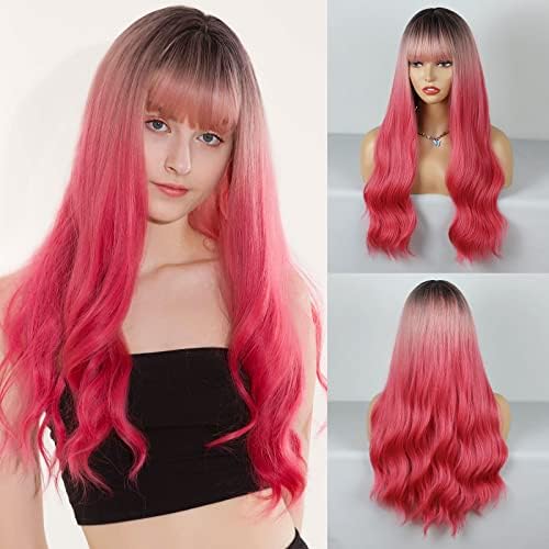 Amazon.com: HANYUDIE Red Wig With Bangs Long Wavy Wig Ombre Red Wigs ...