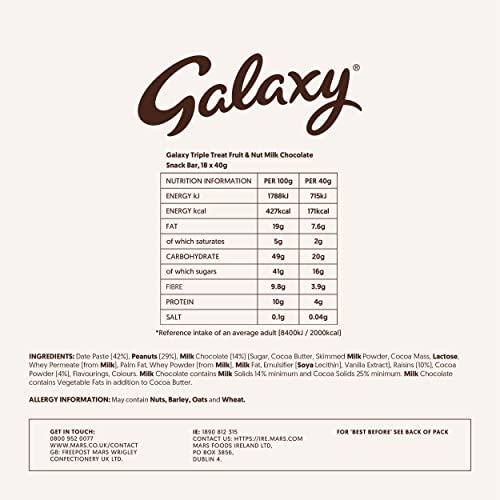 Galaxy Fruit and Nut Milk Chocolate bars, 18 x 40g, Bulk Chocolate Box ...