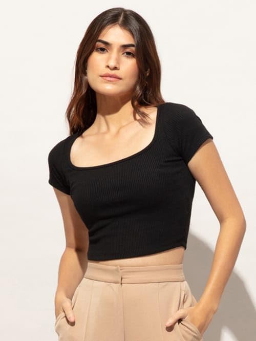 Majestic Garments Women's Lycra Half Sleeve Deep Neck Crop Top & Tunic ...