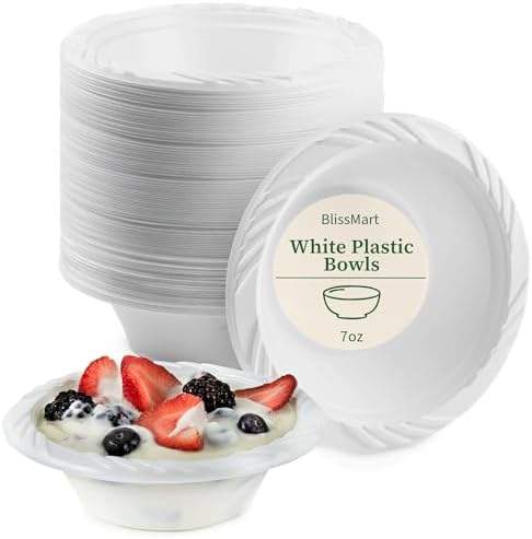 BLISSMART Reusable White Plastic Bowls 7oz 50 Pack Washable and ...