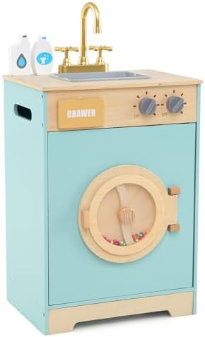 Amazon.com: HONEY JOY Kids Laundry Playset, Wooden Toy Washing Machine ...