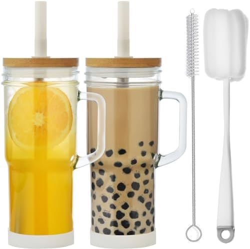 Amazon.com: Glass Cups with Bamboo Lids and Straws,24oz Tumbler With ...