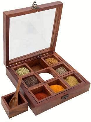D Interio Wooden Spice Box/Masala Box Containers With Spoon For Kitchen ...
