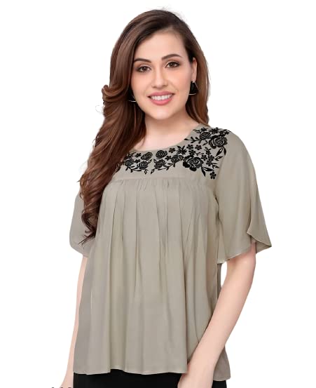 RR Fabrics Women’s Floral Embroidered Rayon Grey Top with Half Sleeves ...